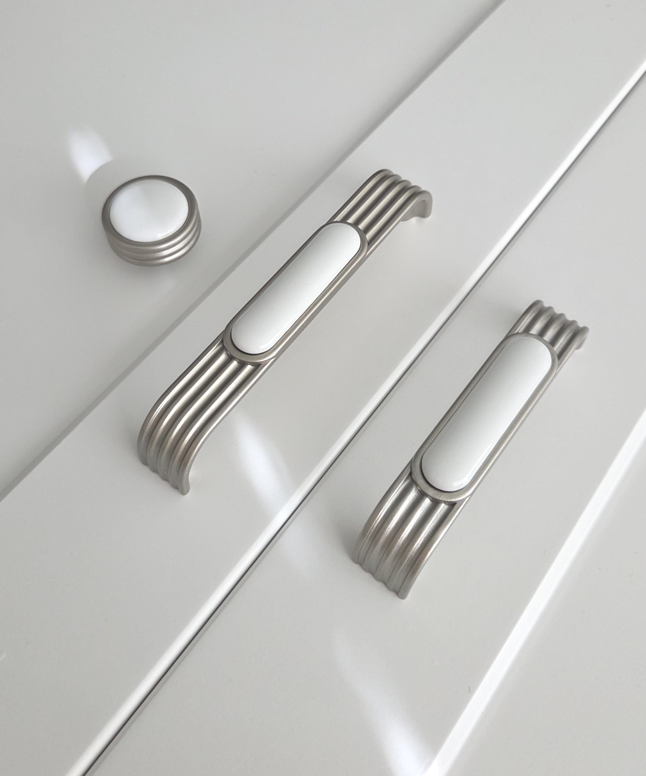 Satin Nickel & White Porcelain Cabinet Hardware: Italian Drawer Pulls ...