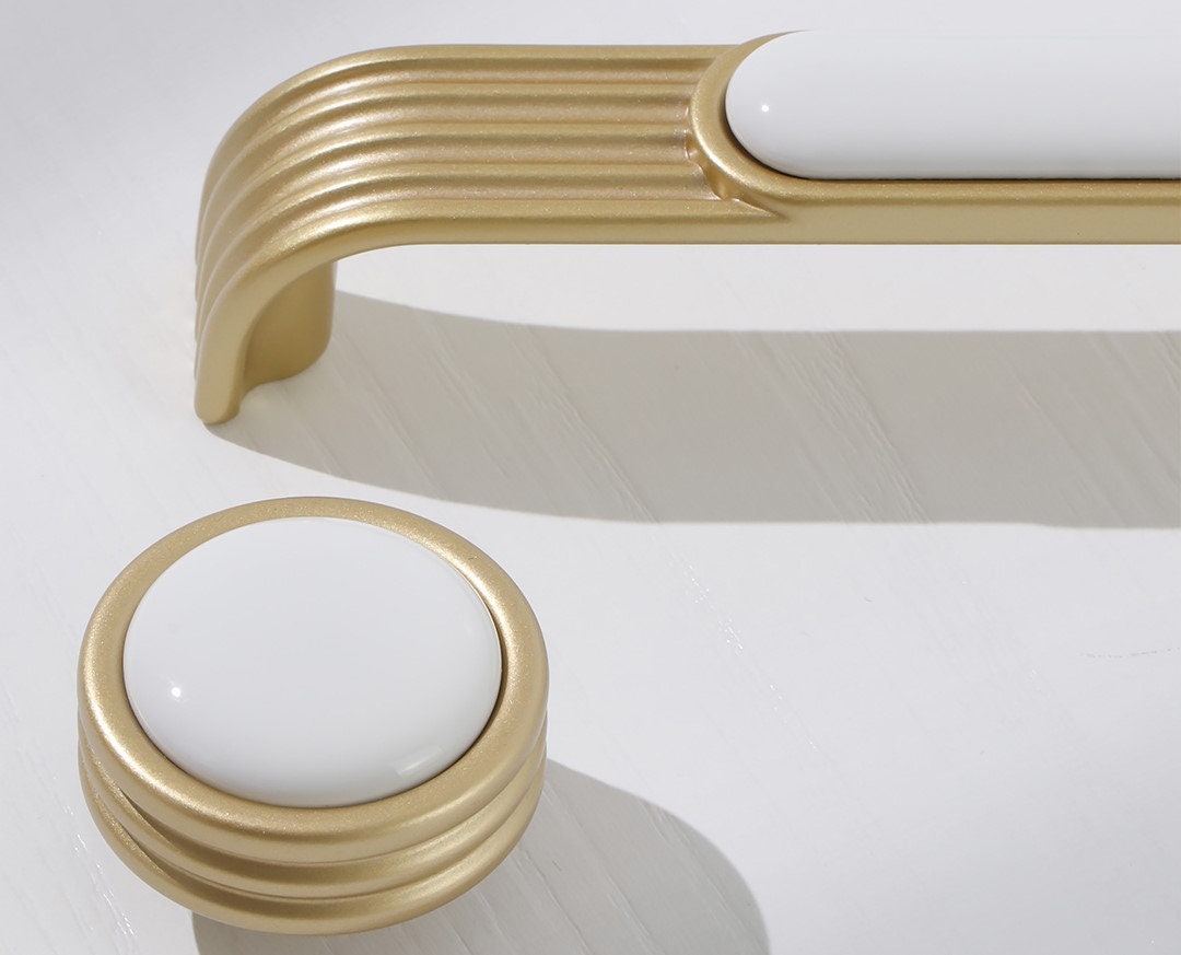 Italian Art Deco Satin Brass & White Ceramic Cabinet Pulls - Etsy