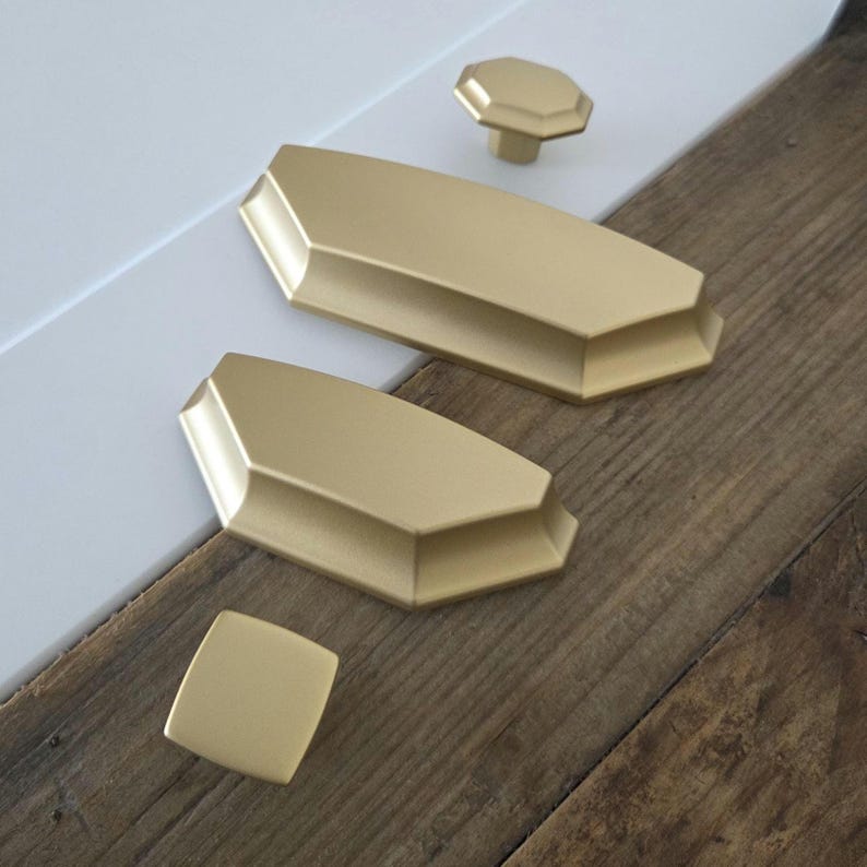 Satin Brass Art Deco Cup Pulls and Knobs: Italian Geometric Cabinet ...