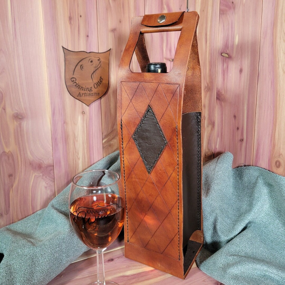 Wine Carrier: Handmade Leather Diamond Hatch Pattern, Customizable - Etsy
