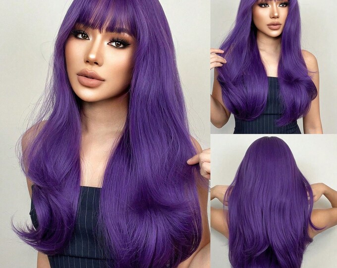 Distinctive Dark Purple Deep Violet Wig Long Wavy T Parting HD Lace ...