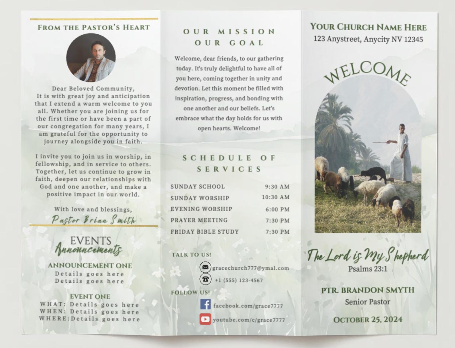 Trifold Church Sunday Worship Service Program | Canva Editable Template ...