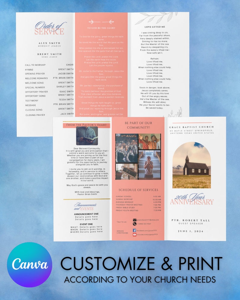 Customizable Church Program Template: Tri-fold Bulletin (canva, Digital ...