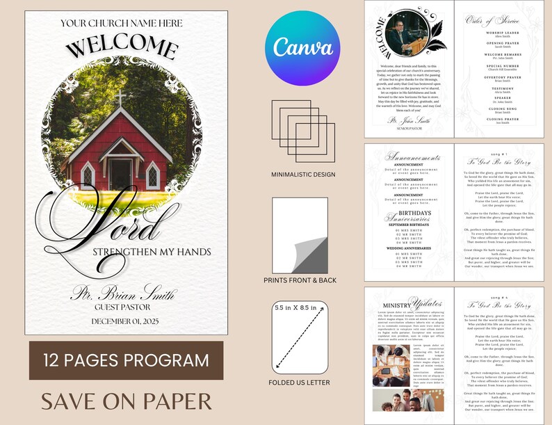 Church Service Program Template: 12-page Bifold (canva Editable, US ...