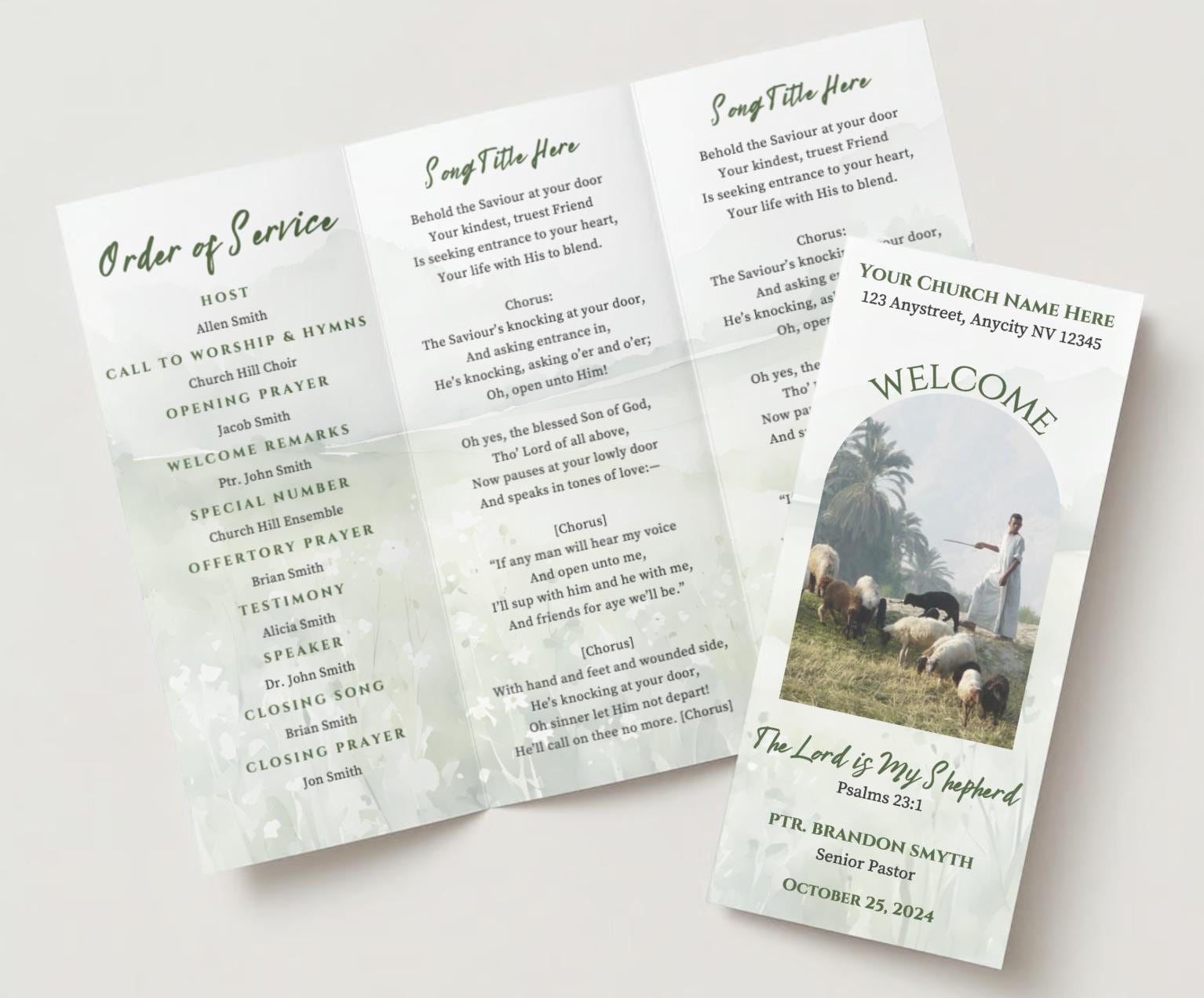 Trifold Church Sunday Worship Service Program | Canva Editable Template ...