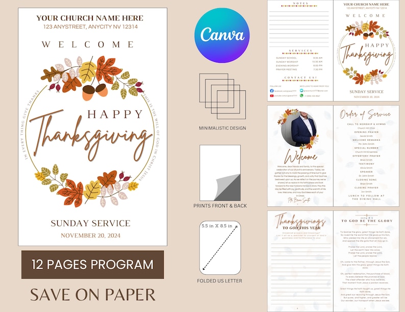 Church Thanksgiving Program Template: Editable Canva Bifold (US Letter ...