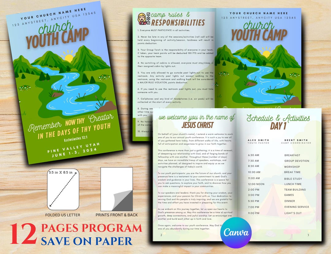 Church Youth Camp Program Template: Editable Canva Bifold (US Letter ...