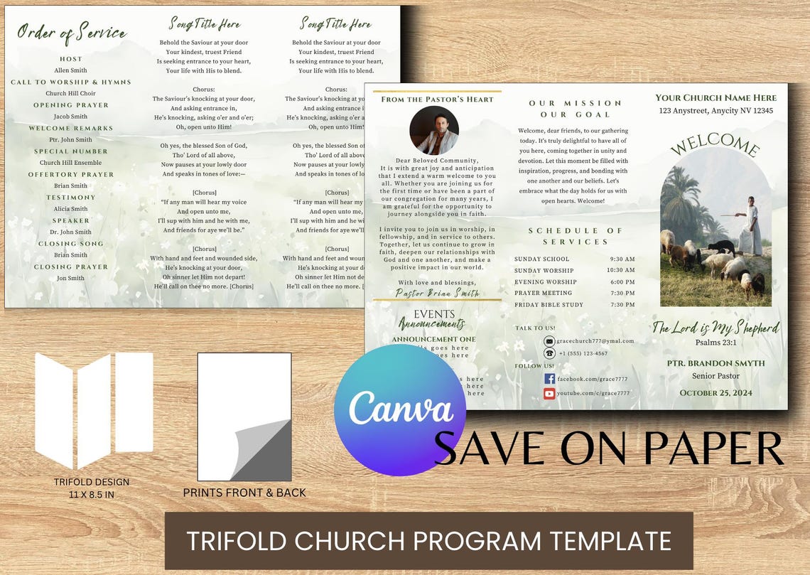 Trifold Church Sunday Worship Service Program | Canva Editable Template ...