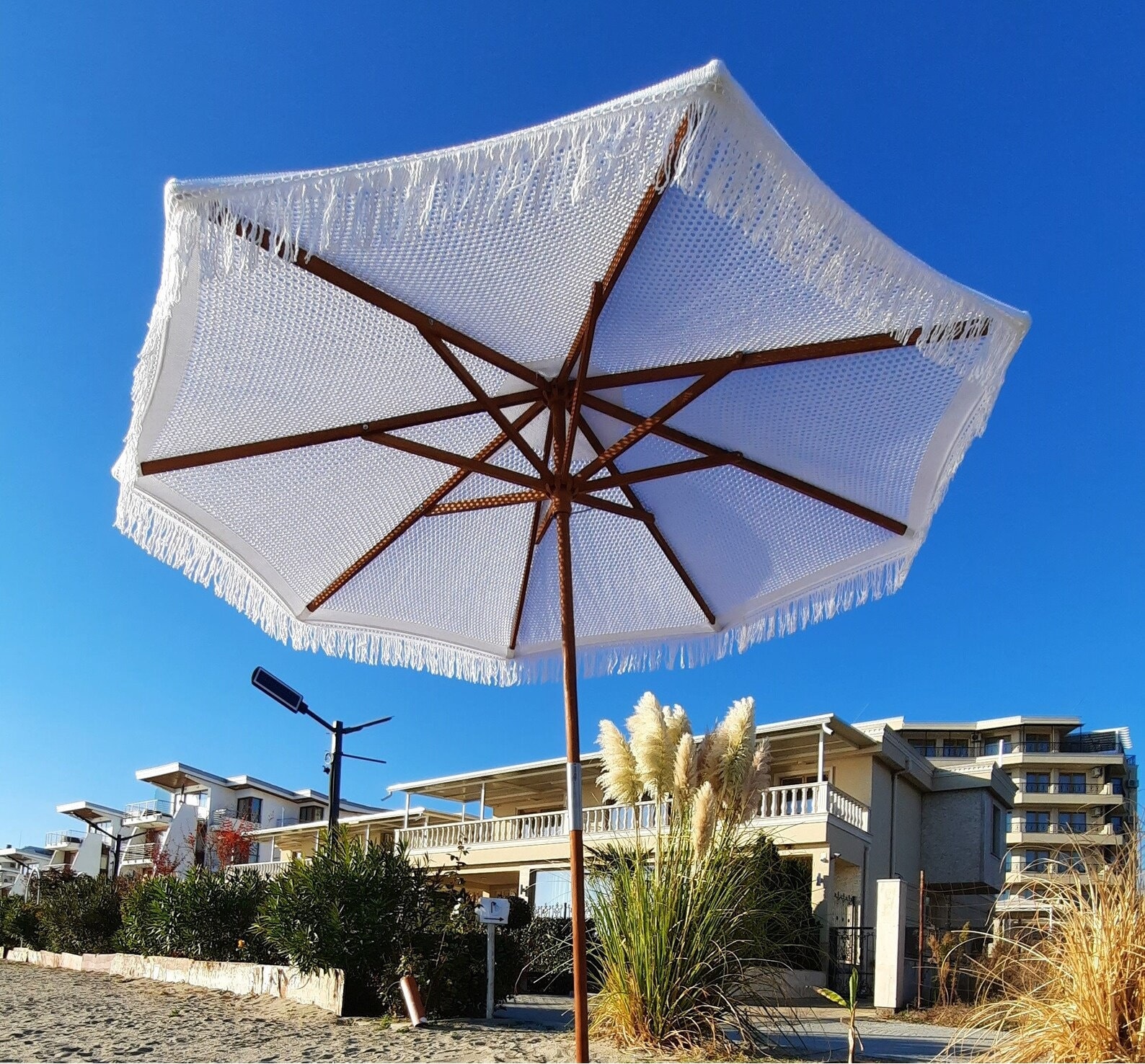 Macrame Boho Beach Parasol With White Cotton Yarn Canopy With Fringe ...