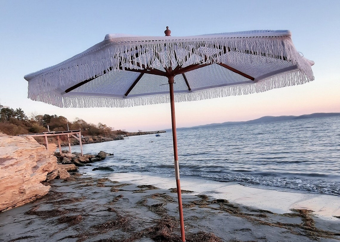 Macrame Boho Beach Parasol With White Cotton Yarn Canopy With Fringe ...