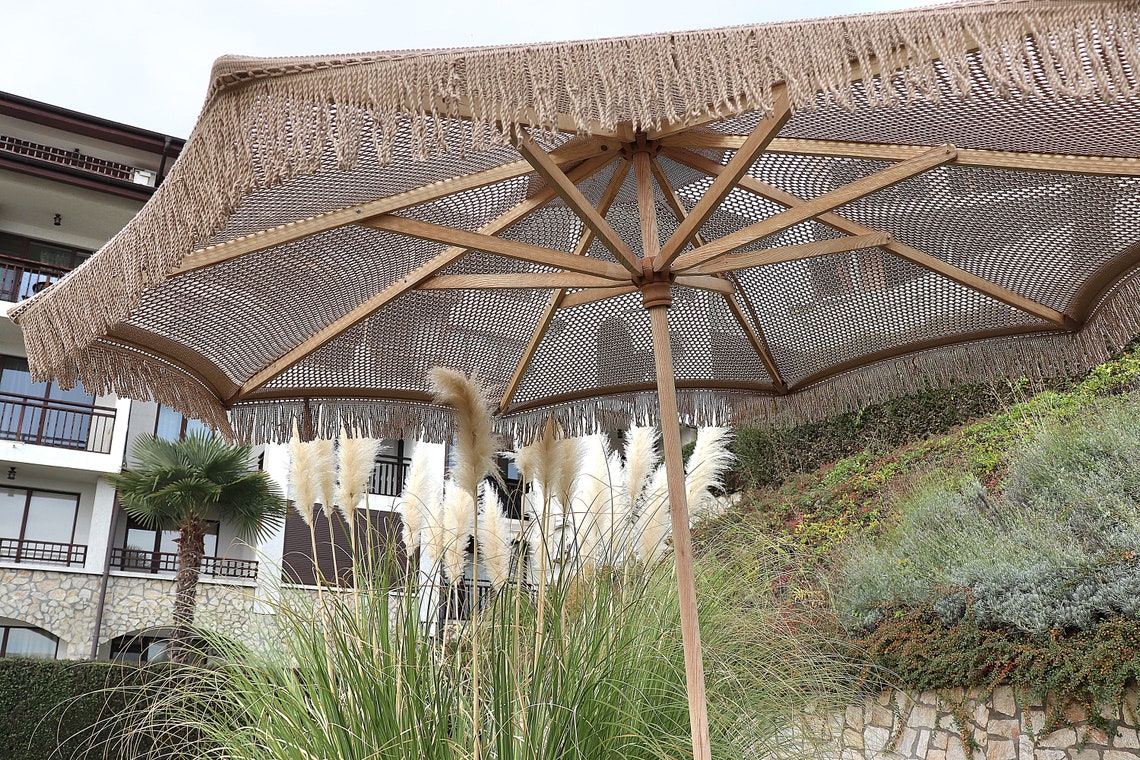 Macrame Boho Beach Parasol With Cappuccino Cotton Yarn Canopy With ...