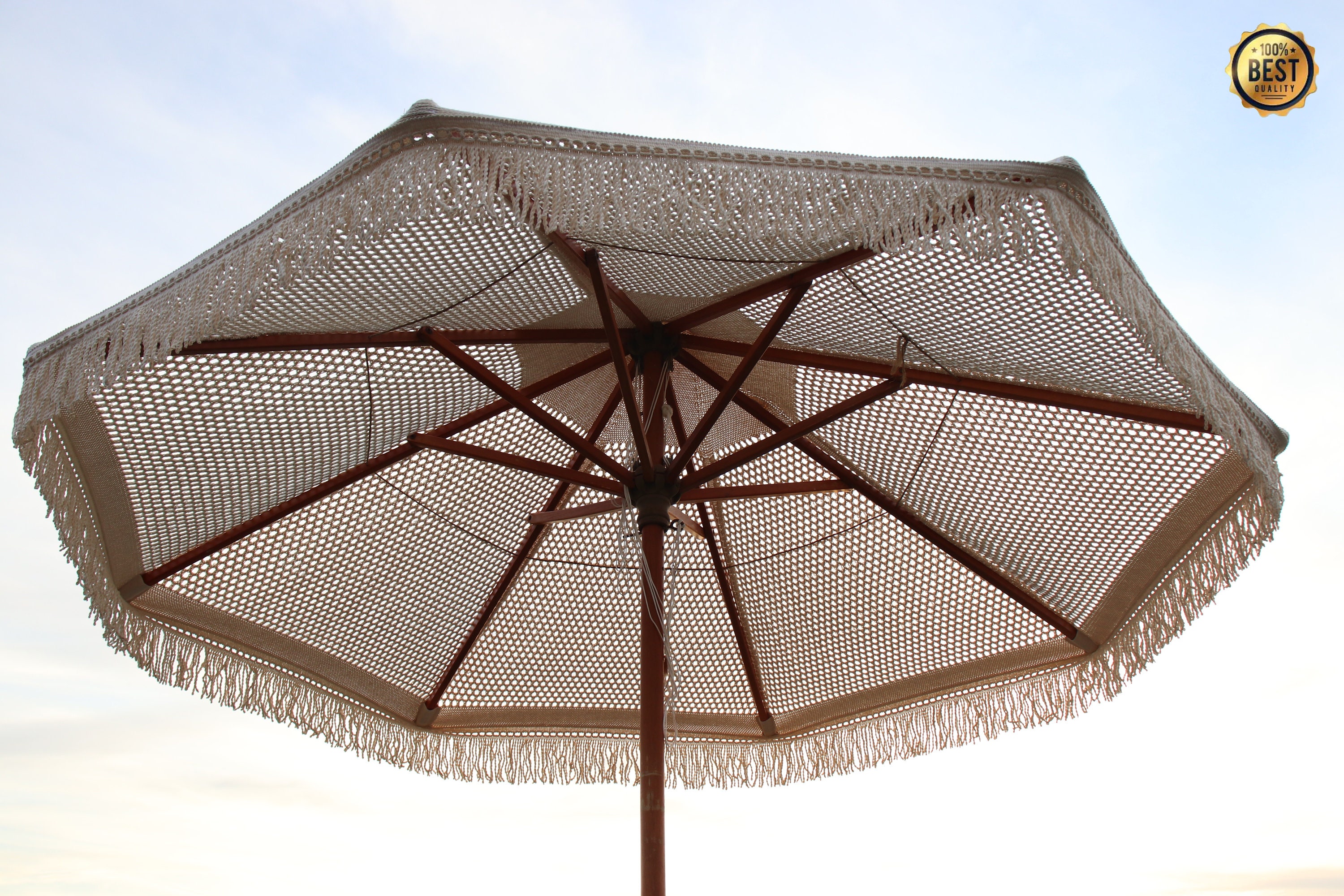 Macrame Boho Beach Parasol With Beige Cotton Yarn Canopy With Fringe ...