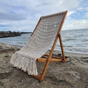 Boho Handmade Macrame Deckchair Beach Lounger Wood Camping Chair Garden ...