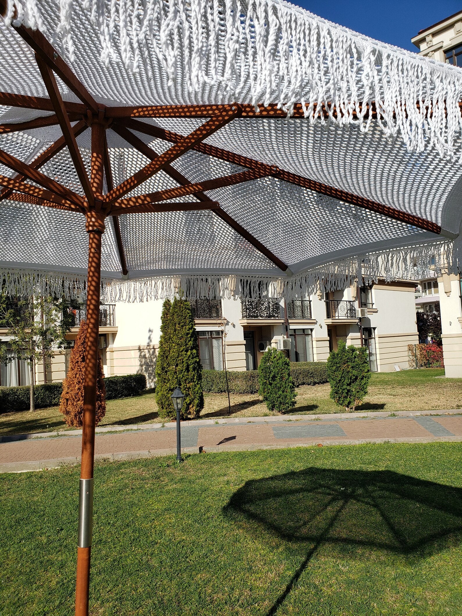 Macrame Boho Beach Parasol With White Cotton Yarn Canopy With Fringe ...