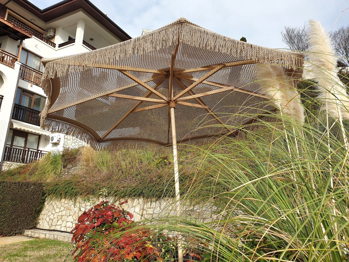 Macrame Boho Beach Parasol With Cappuccino Cotton Yarn Canopy With ...