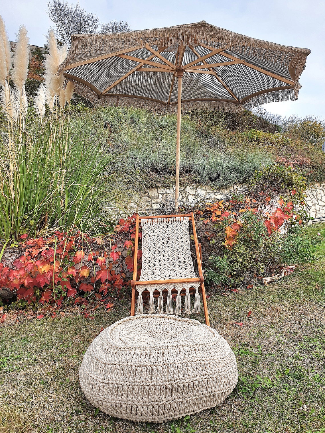 Macrame Boho Beach Parasol With Cappuccino Cotton Yarn Canopy With ...