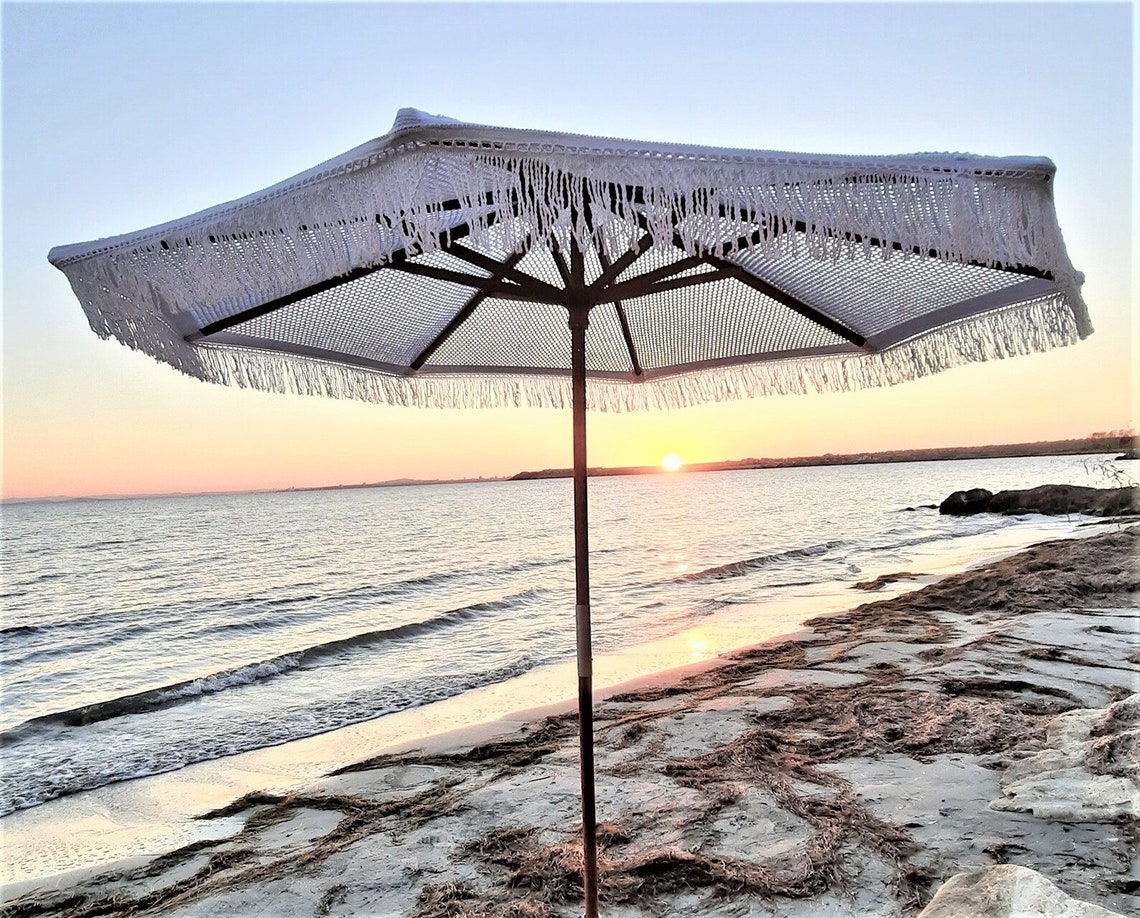 Macrame Boho Beach Parasol With White Cotton Yarn Canopy With Fringe ...