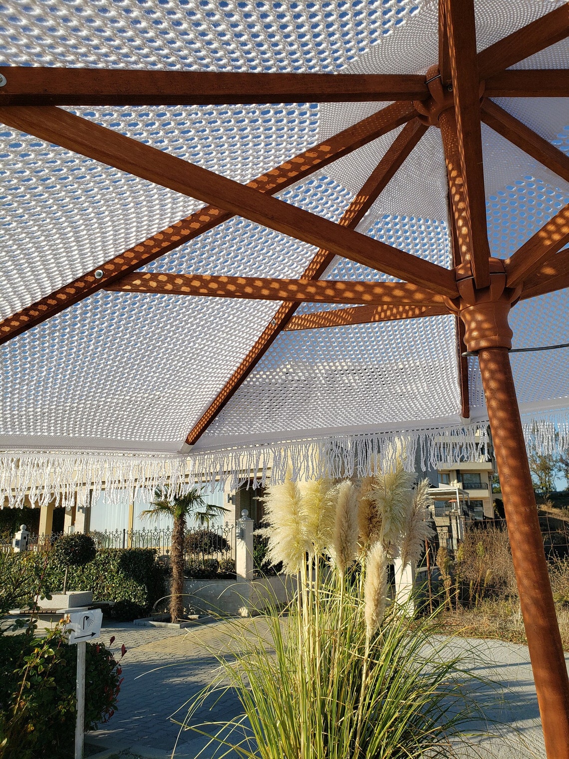Macrame Boho Beach Parasol With White Cotton Yarn Canopy With Fringe ...