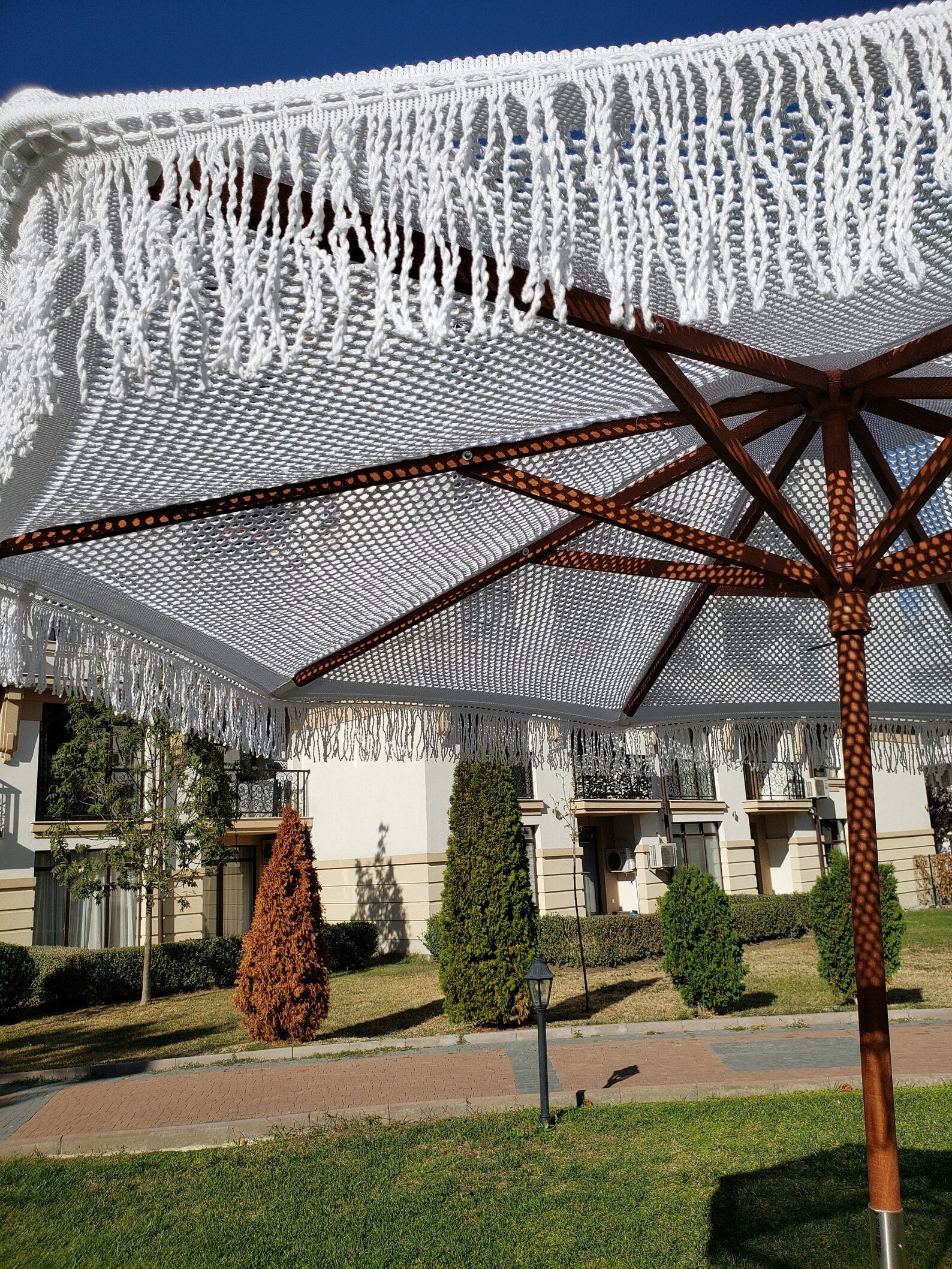 Macrame Boho Beach Parasol With White Cotton Yarn Canopy With Fringe ...