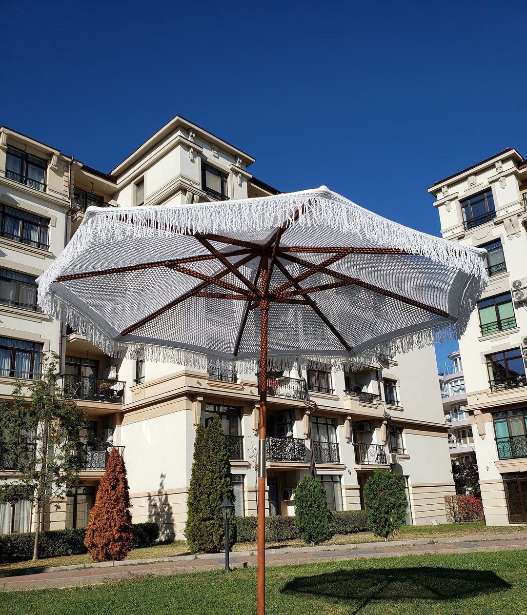 Macrame Boho Beach Parasol With White Cotton Yarn Canopy With Fringe ...