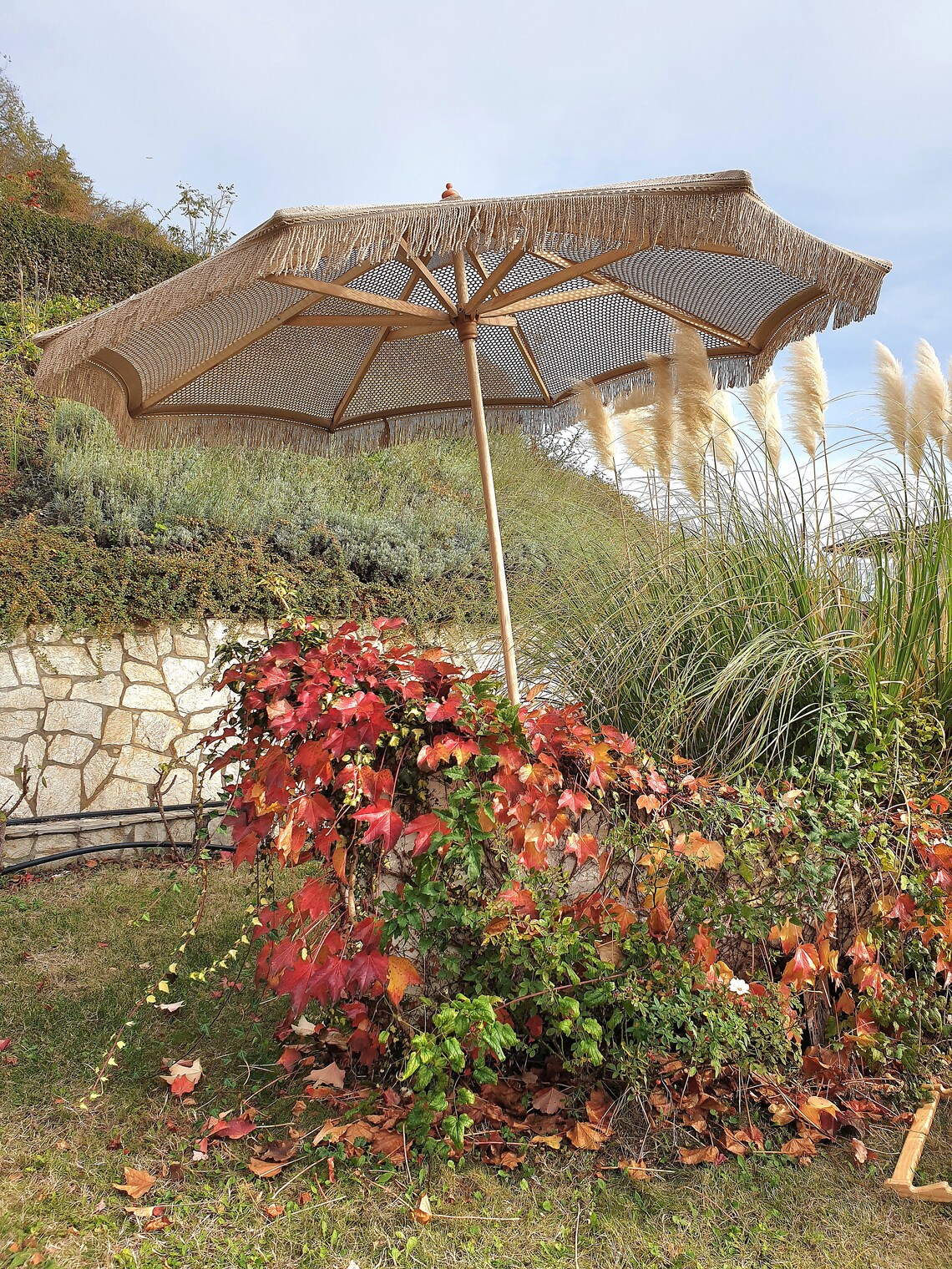 Macrame Boho Beach Parasol With Cappuccino Cotton Yarn Canopy With ...