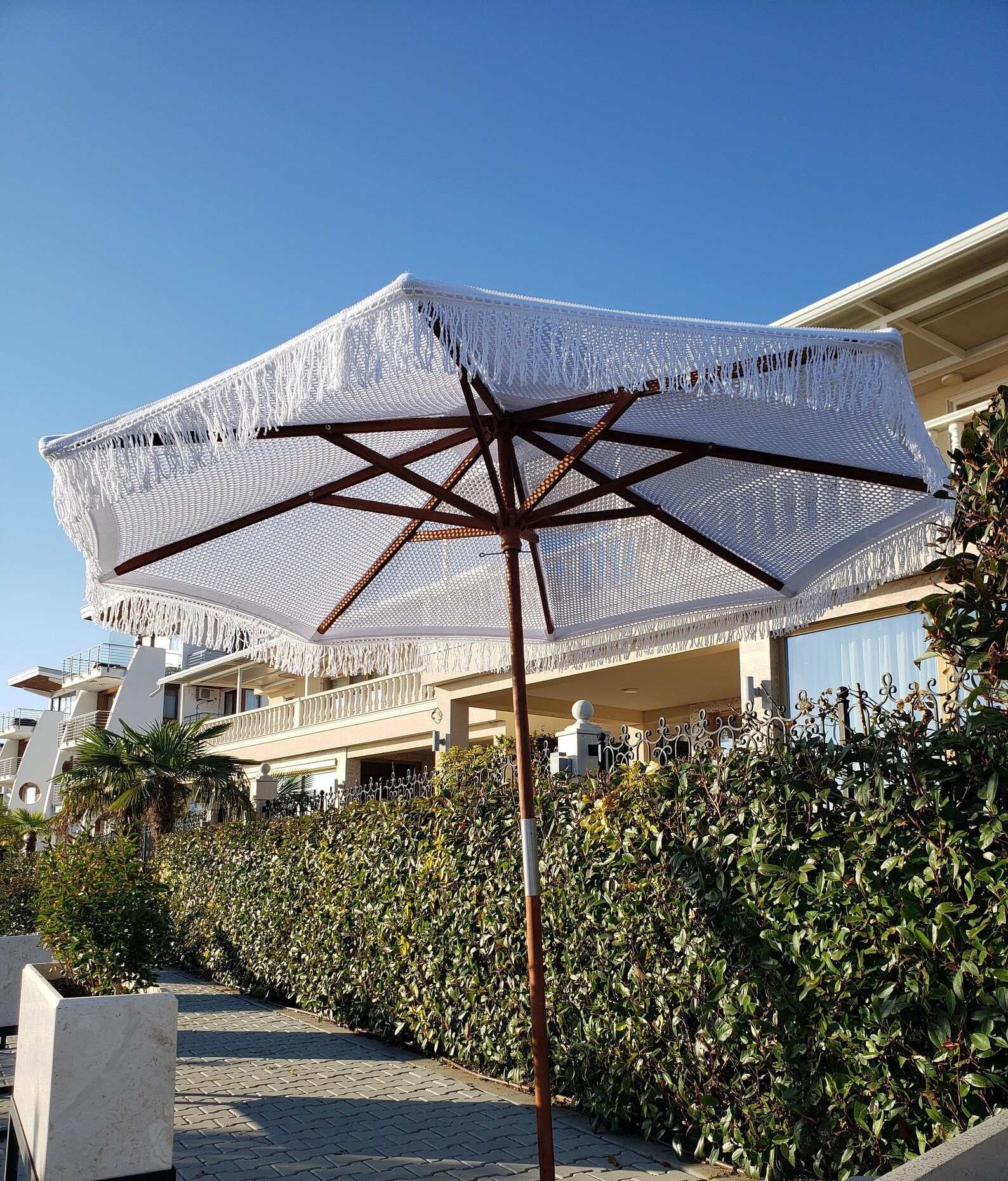 Macrame Boho Beach Parasol With White Cotton Yarn Canopy With Fringe ...