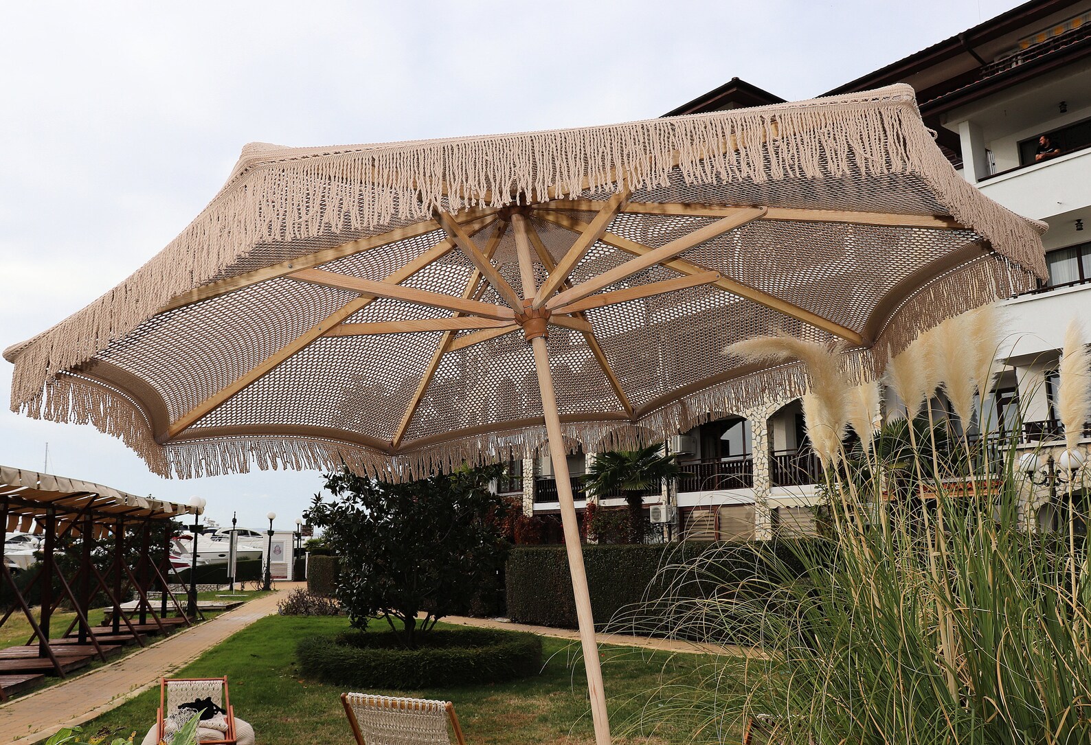 Macrame Boho Beach Parasol With Cappuccino Cotton Yarn Canopy With ...