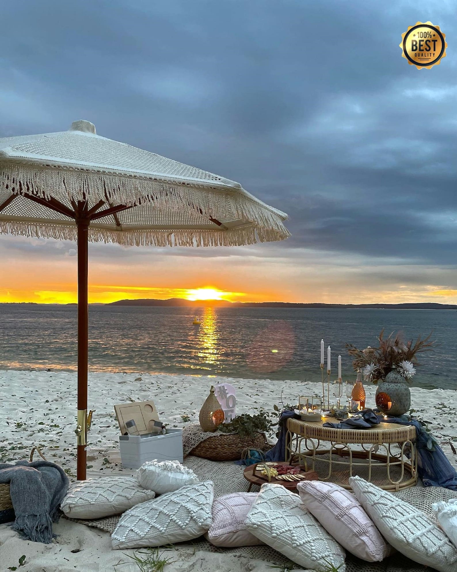 Macrame Boho Beach Parasol With Beige Cotton Yarn Canopy With Fringe ...