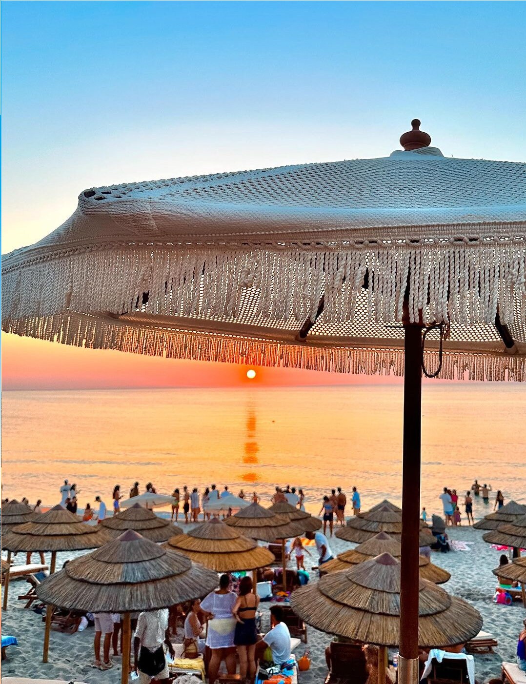 Macrame Boho Beach Parasol With Beige Cotton Yarn Canopy With Fringe ...