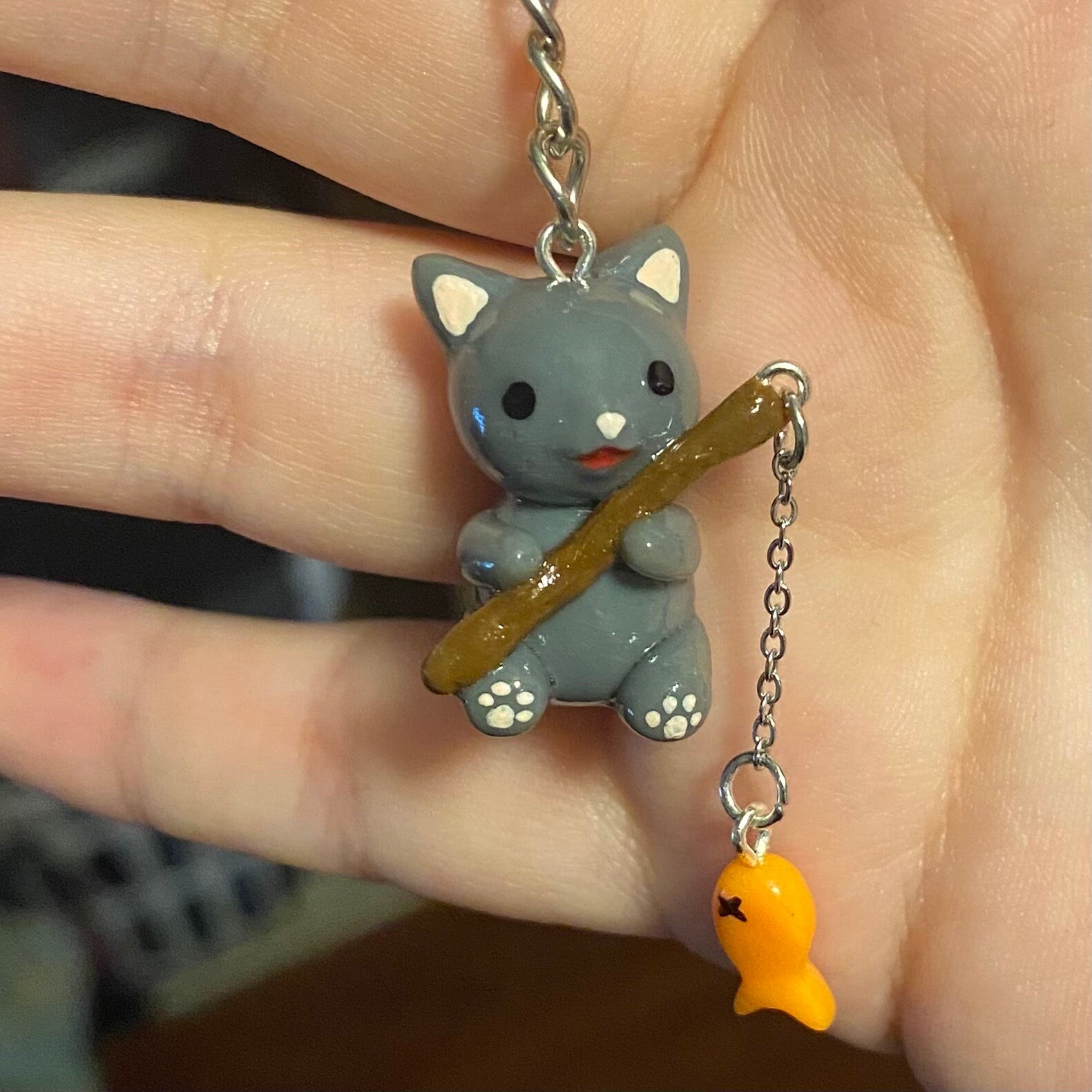 Polymer Clay Cat Fishing Keychain - Etsy