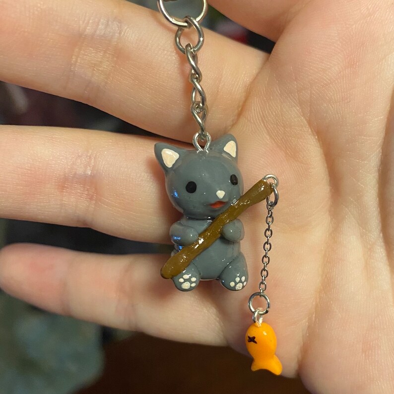Polymer Clay Cat Fishing Keychain - Etsy