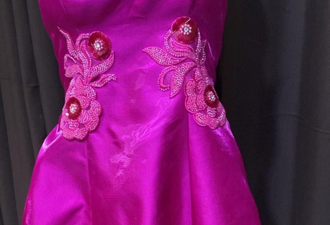 Hot Pink Silk Mikado Dress: Asymmetrical Sleeve, Floral Applique - Etsy