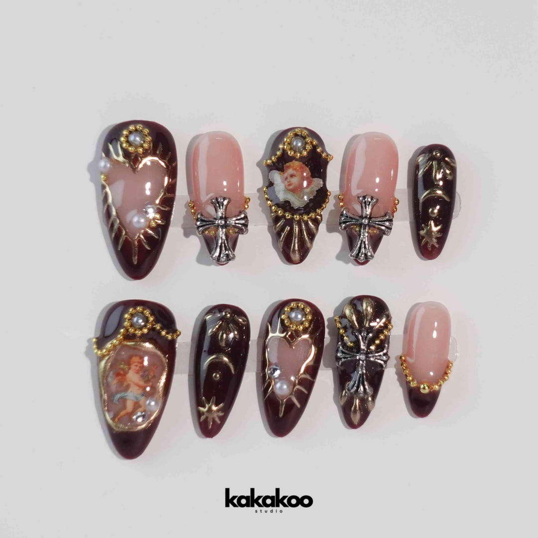 Golden Claret Angel Press-on Nails/gothic Nail Design/ Handmade Press ...