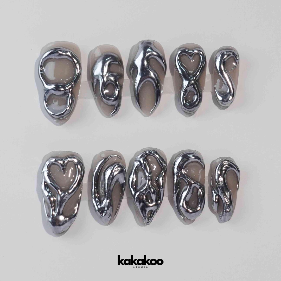 Liquid Metal Press on Nails: Silver Almond Acrylic Fake Nails - Etsy