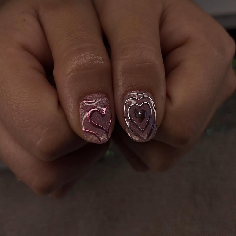 Extra Short Round Pink Chrome Handmade Press on Nails, Handmade Gel ...