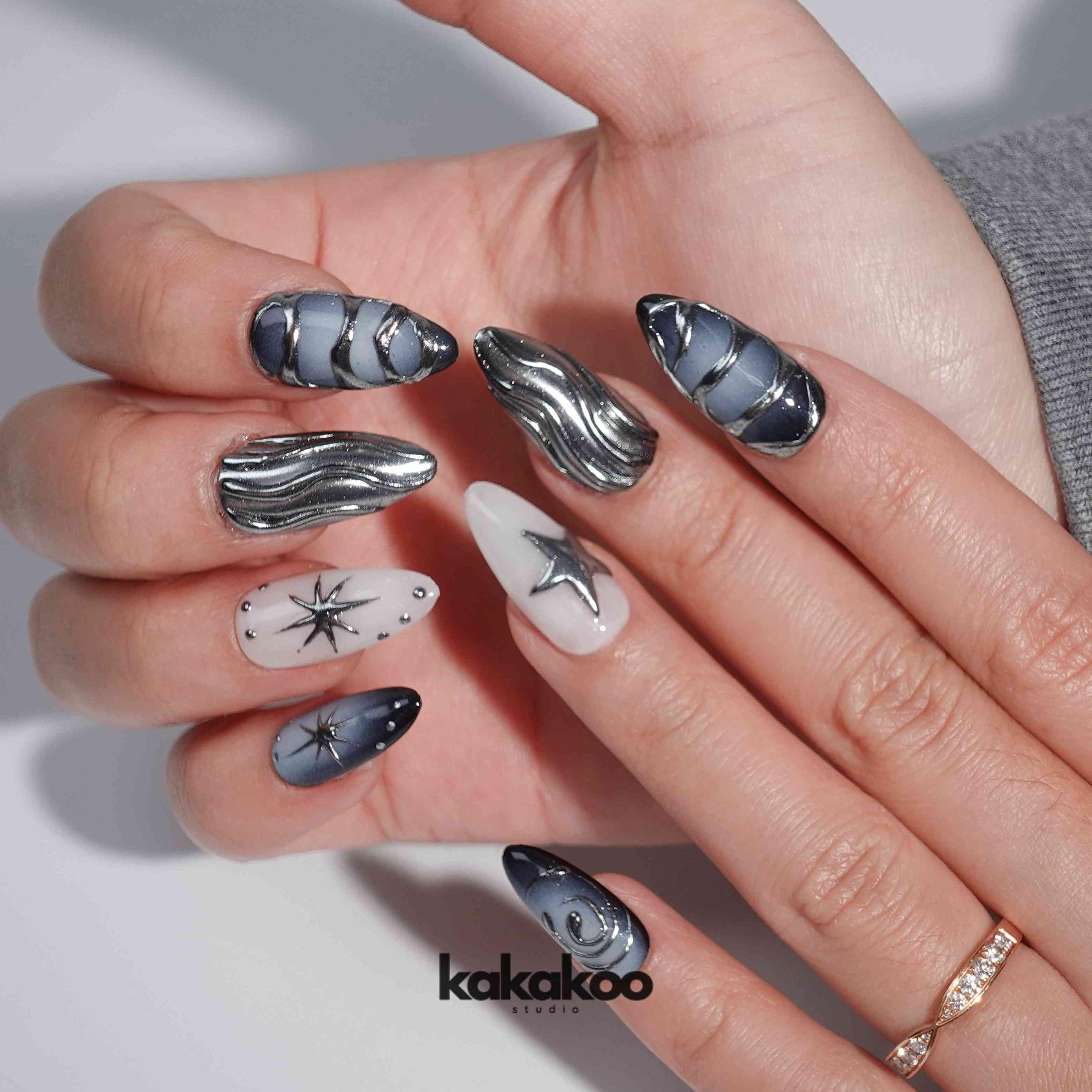 Mystical Blue Gothic Press on Nails: Black Chrome Nail Art - Etsy