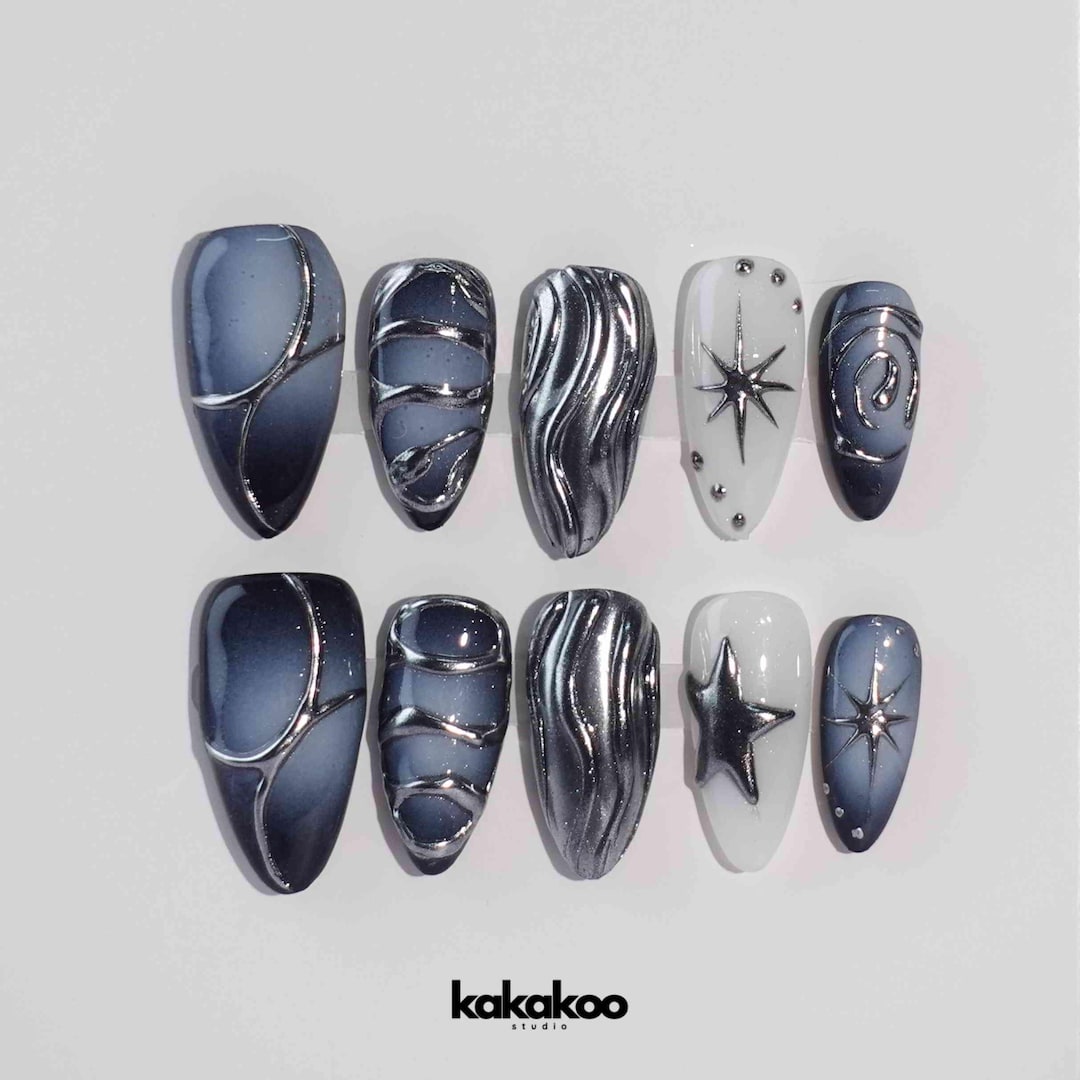 Mystical Blue Gothic Press on Nails: Black Chrome Nail Art - Etsy