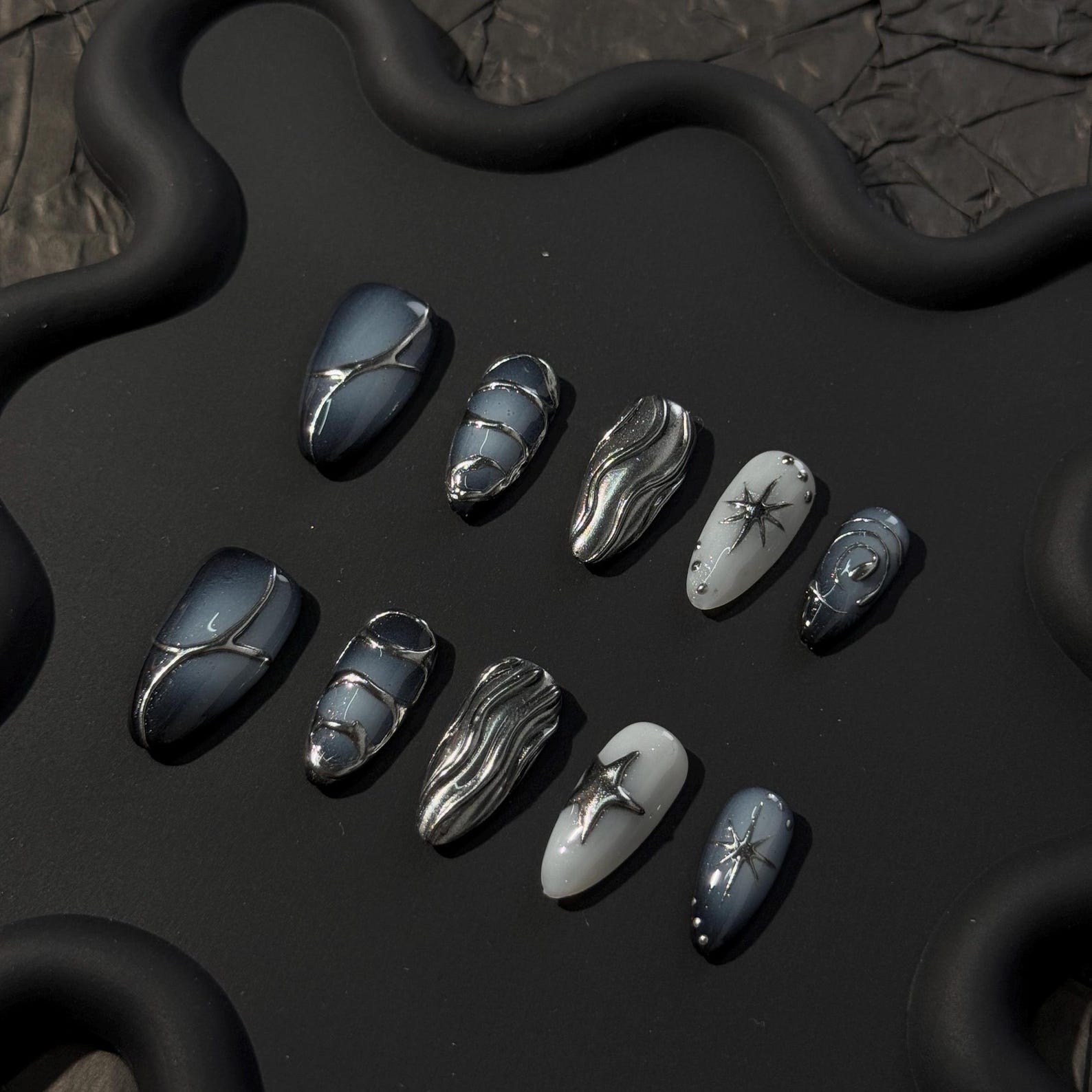 Mystical Blue Gothic Press on Nails: Black Chrome Nail Art - Etsy