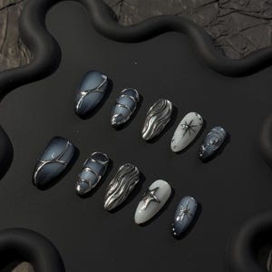 Mystical Blue Gothic Press on Nails: Black Chrome Nail Art - Etsy