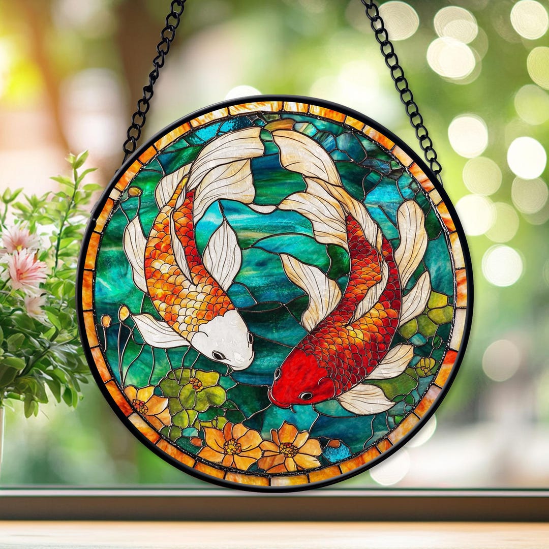 Koi Fish Faux Stained Glass, Koi Fish Suncatcher, Japanese Window Decor ...
