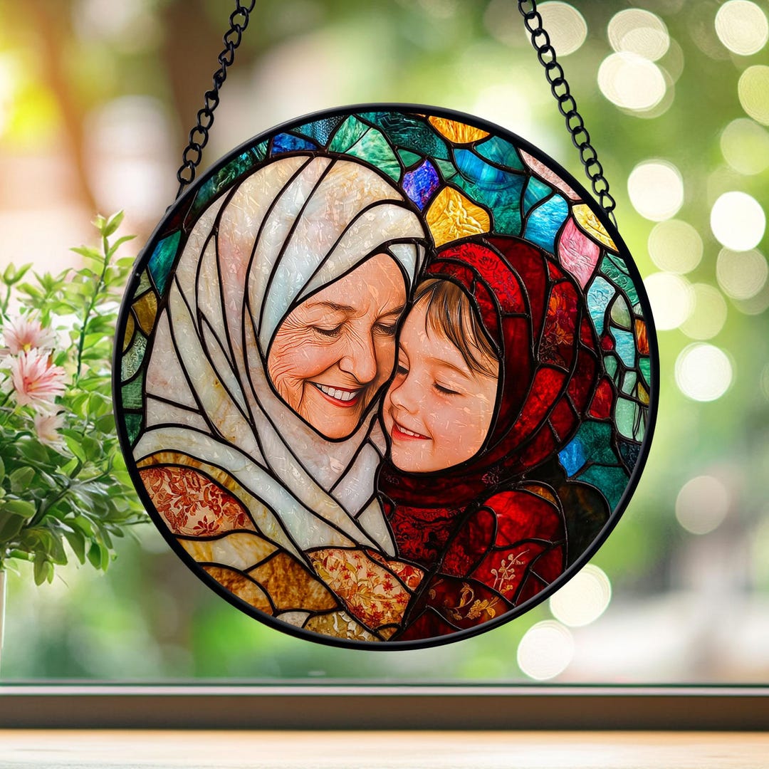 Custom Islamic Grandma Portrait Glass Suncatcher, Custom Photo Muslim ...