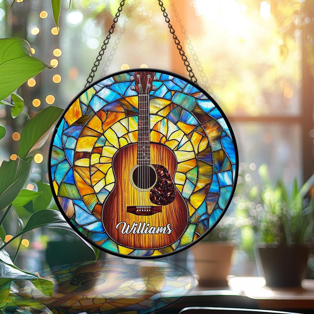 Personalized Guitar Faux Stained Glass Suncatcher, Musical Instrument ...