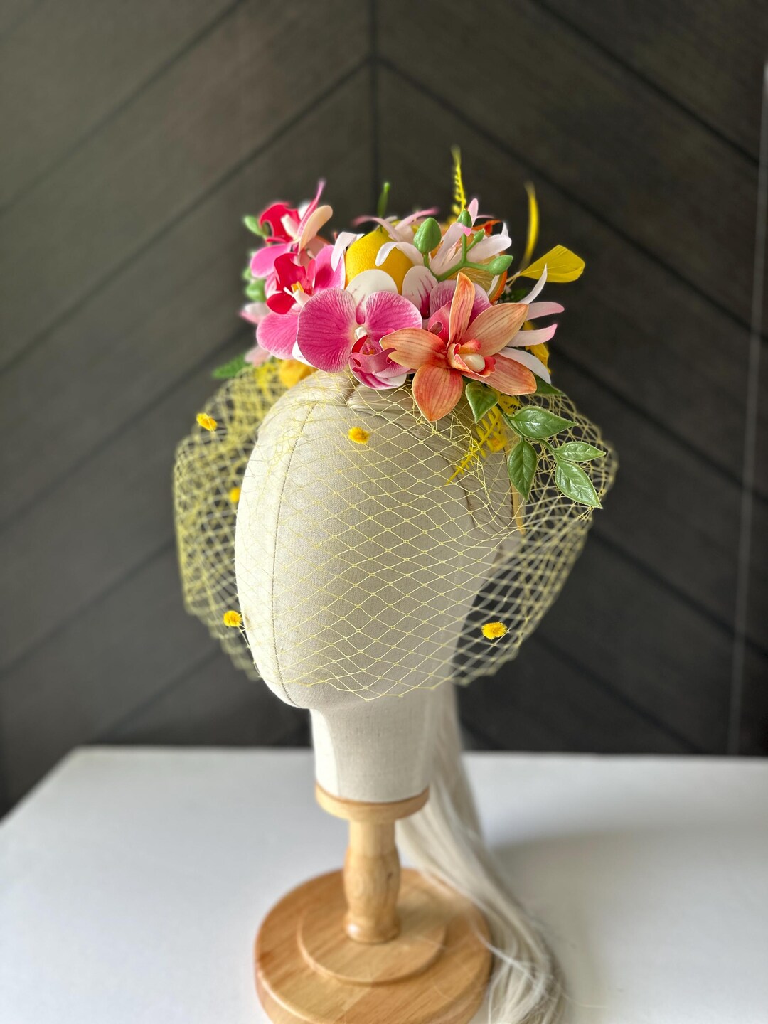 Lemon Frufru - Tiki Oasis Fascinator With Citrus, Orchids & Veil – Tropical Headpiece for Tiki ...