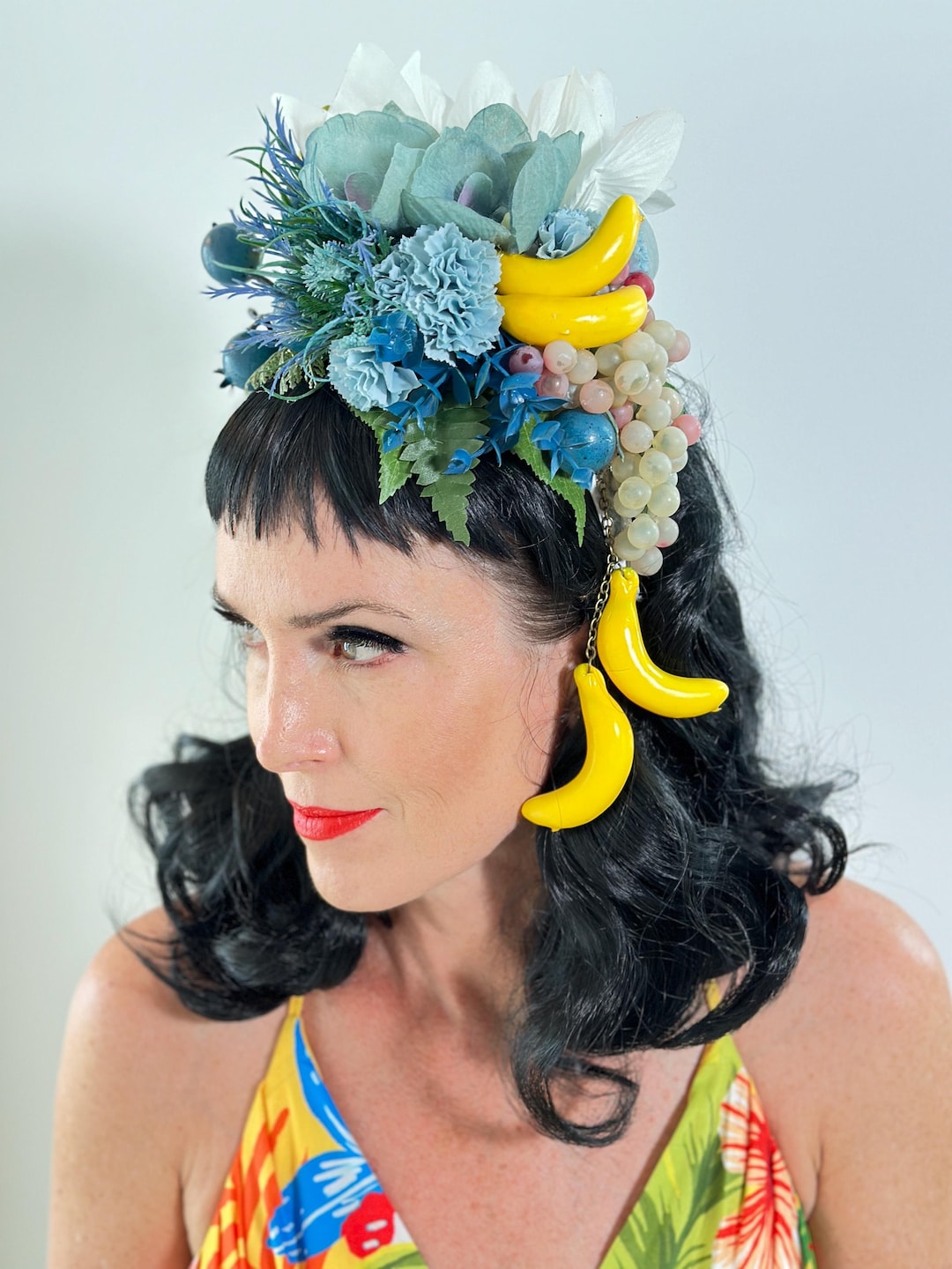 Havana Banana Tiki Hat With Blue and White Flowers Banana Accents ...
