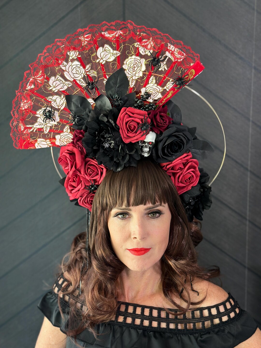 Tiki Goth - Fan Headpiece, Spanish Fan Headband, Catrina Rose Head ...