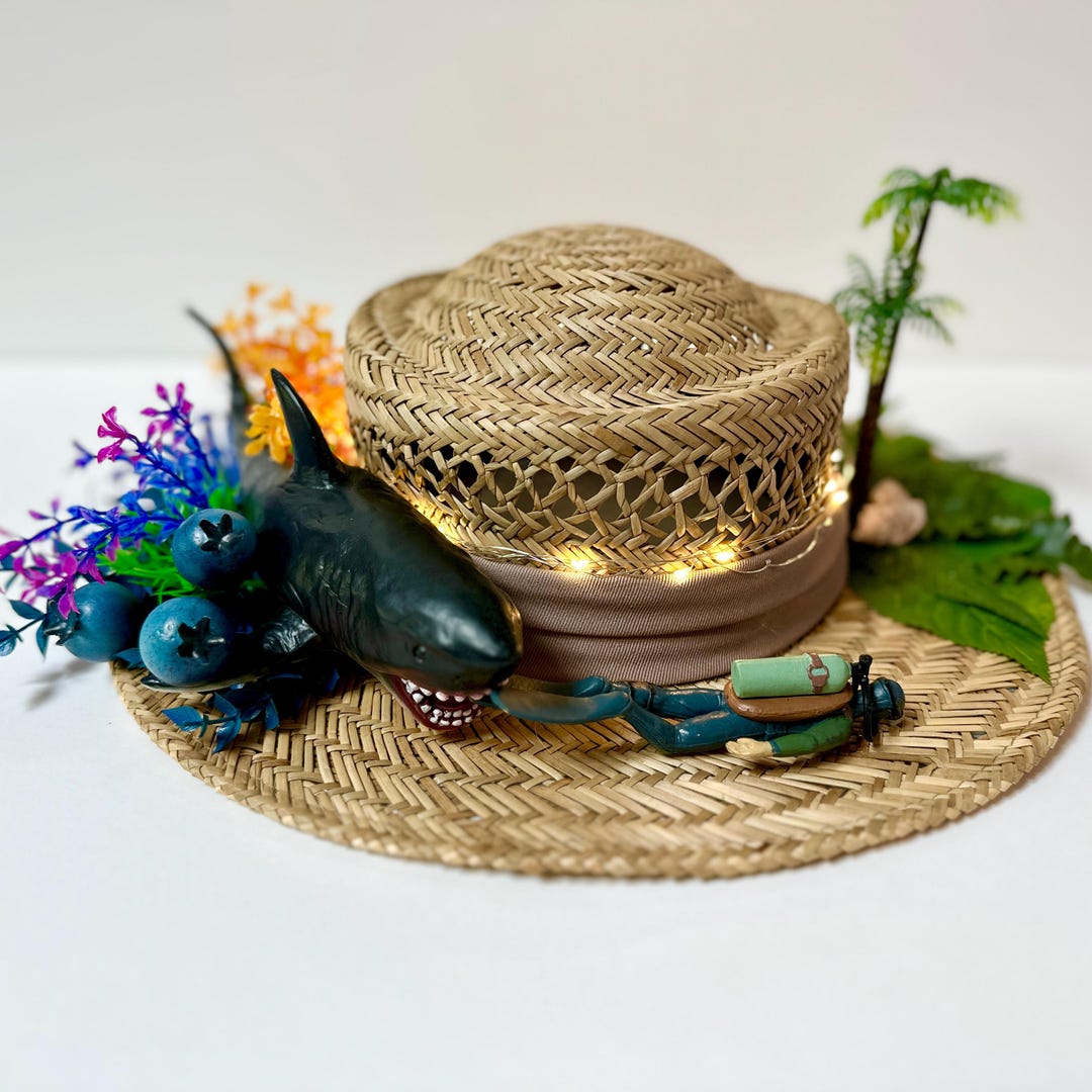 Shark Men's Handmade Tiki Hat With Shark, Diver, and LED Lights Perfect ...