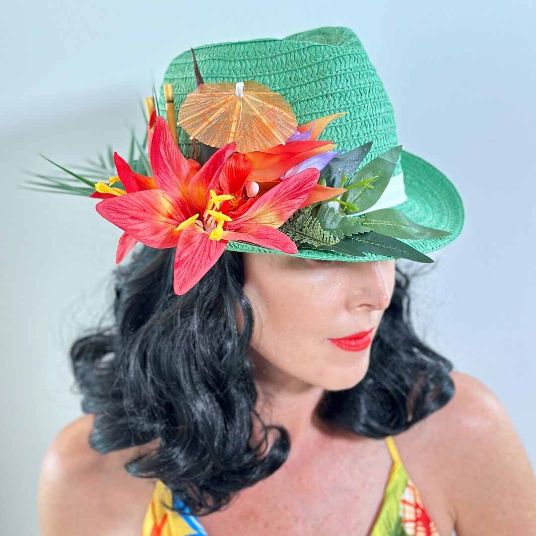 Verde Lady - Tropical Straw Fedora Hat With Birds of Paradise- Fun Tiki ...