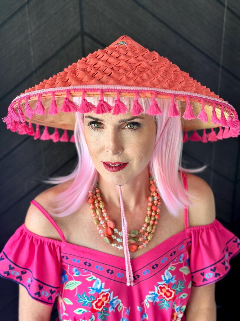Tiki Pink Tassel Hat Woven Straw Hat for Tiki Parties & Aloha Caftan ...
