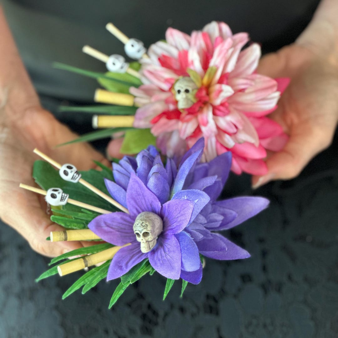 Mini Tiki Skull Purple or Pink Flower Hair Clip, Tiki Goth Skull Hair ...