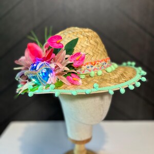 Adventureland - Tiki Safari Hat With Pink Orchids & Aqua Pom Trim ...